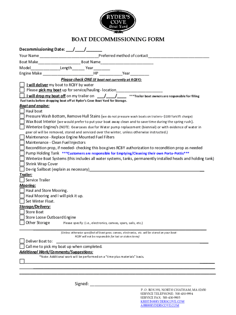 Fillable Online BOAT DECOMMISSIONING FORM - ryderscove.com Fax Email ...