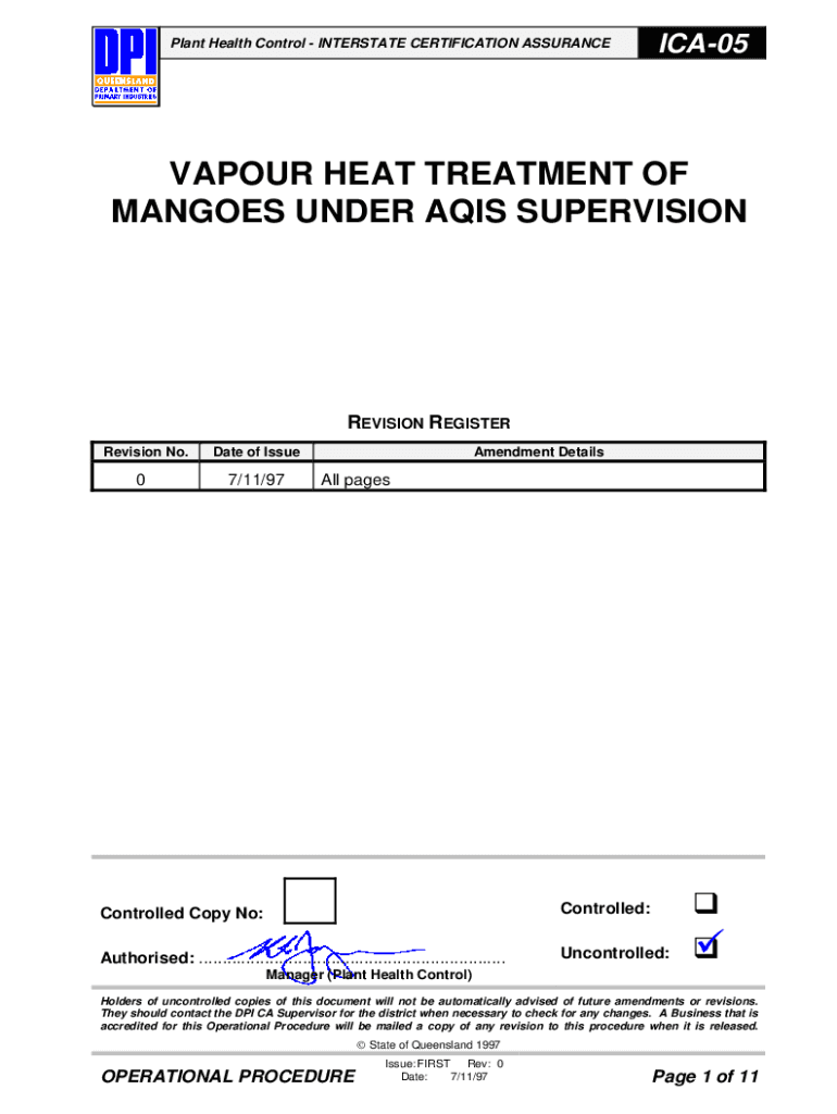 Fillable Online ICA-05 - Vapour Heat Treatment of Mangoes Under AQIS ...