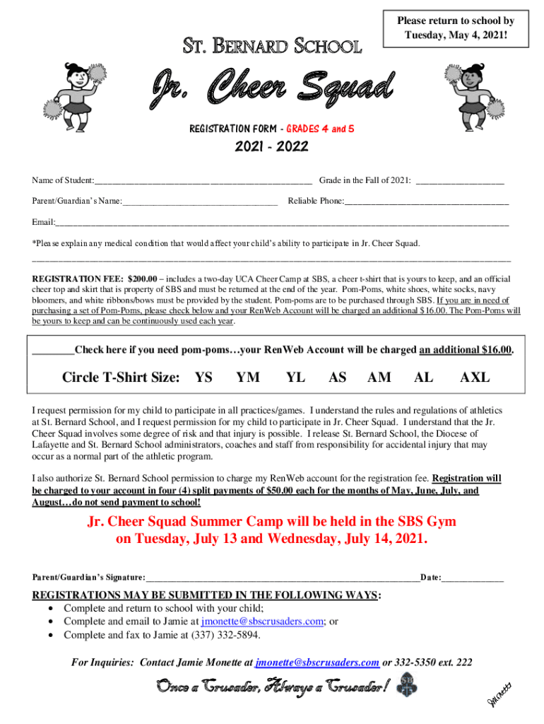 Fillable Online Please return to school by S BERNARD ... - sbscrusaders ...