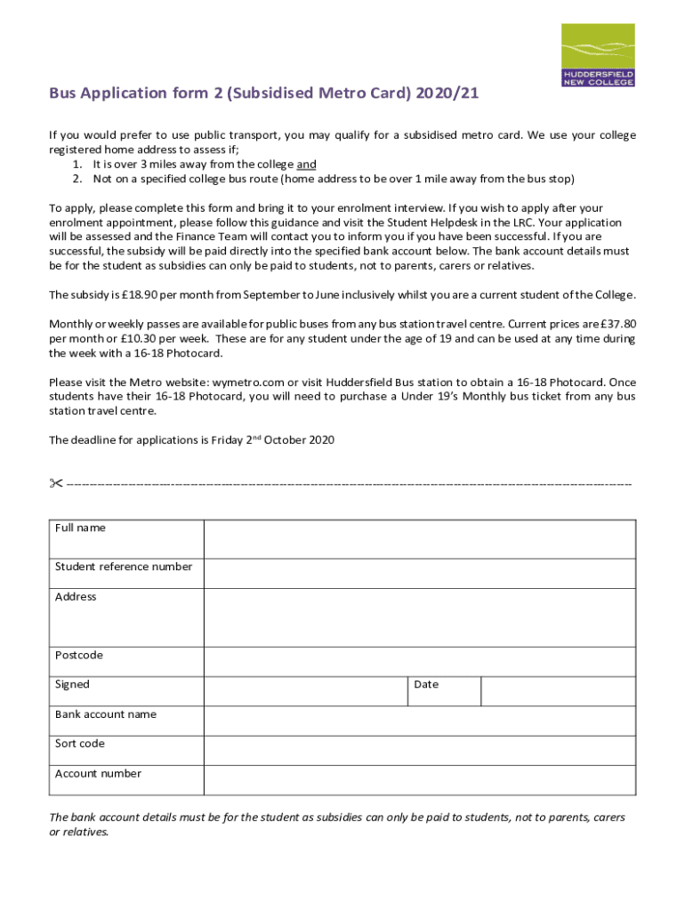 Fillable Online Bus Application form 2 (Subsidised Metro Card) 2020/21 ...