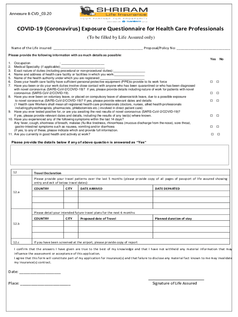 Fillable Online COVID-19 (Coronavirus) Exposure Questionnaire for ...