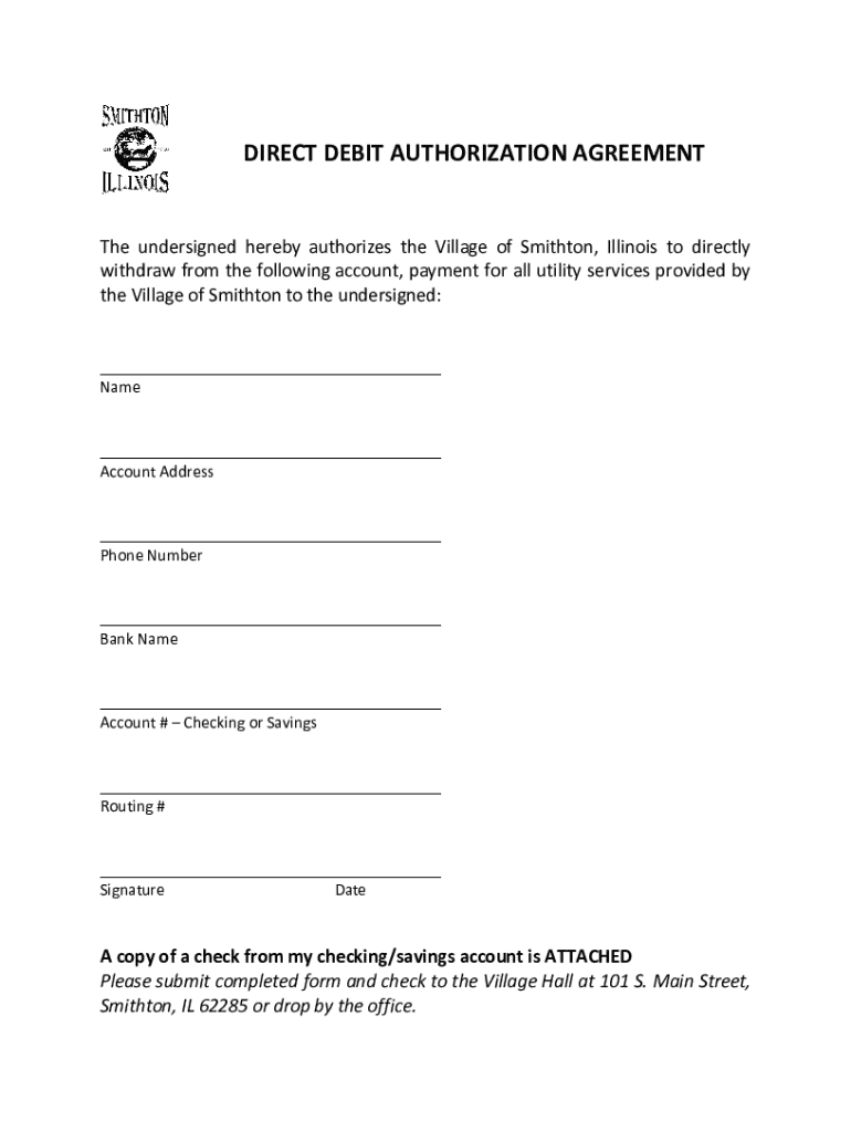 Fillable Online DIRECT DEBIT AUTHORIZATION AGREEMENT - smithton-village ...