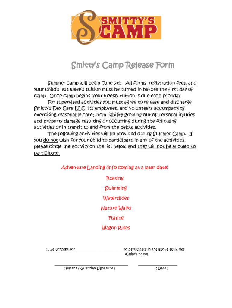Fillable Online Summer Camp Policy Sheet - Smitty's Day CampDay Camp Fax Email Print - pdfFiller