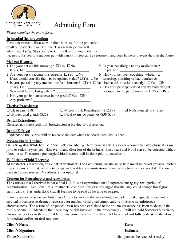 Fillable Online Dental Admitting Form - Hawks Prairie Veterinary ...