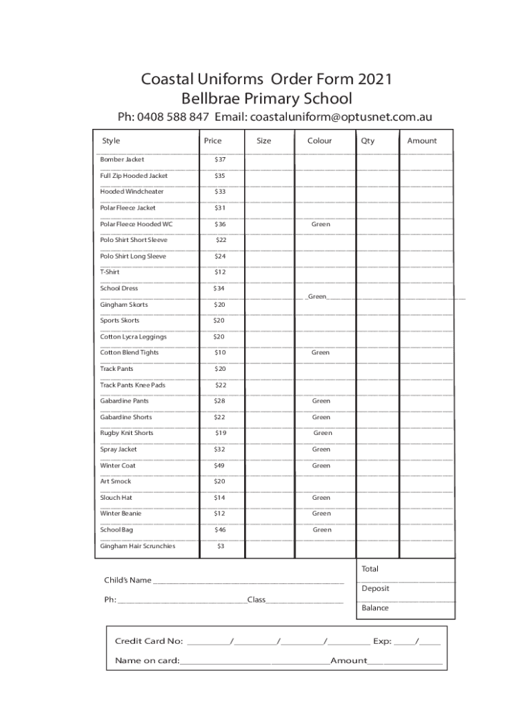 Fillable Online Coastal Uniforms Order Form 2021 Bellbrae Primary School Fax Email Print - pdfFiller