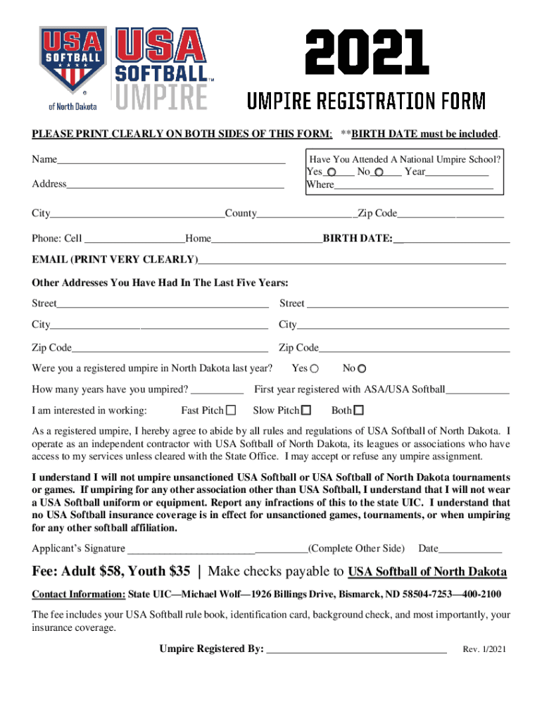 Fillable Online Make checks payable to USA Softball of North Dakota Fax ...