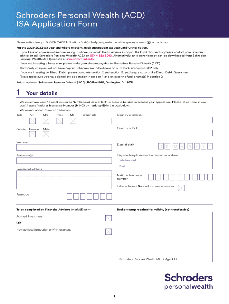 Fillable Online Schroders Personal Wealth (ACD) ISA Top-up Form - dl ...