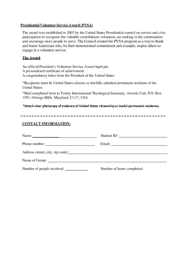 Fillable Online About PVSA - The President's Volunteer Service Award ...
