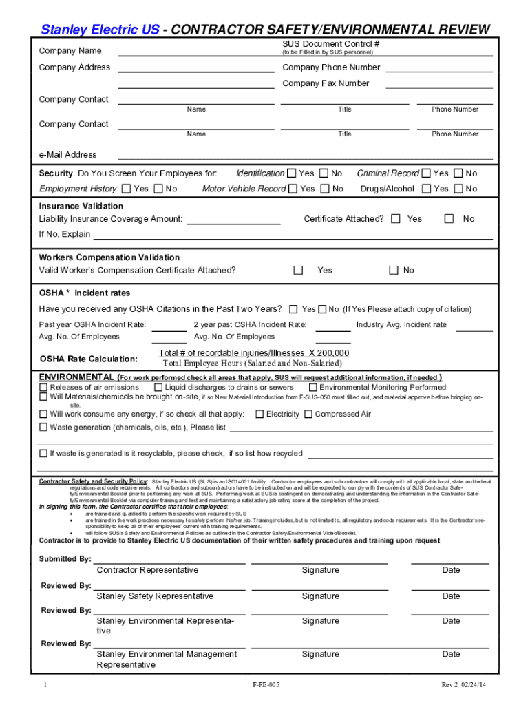 Fillable Online Contractor Safety-Environmental Review Form F-FE-005 ...