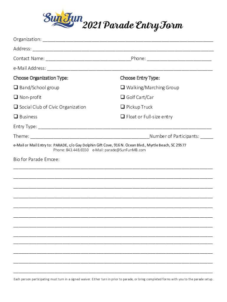 Fillable Online 4th of July Parade Entry Form and Agreement Survey Fax ...