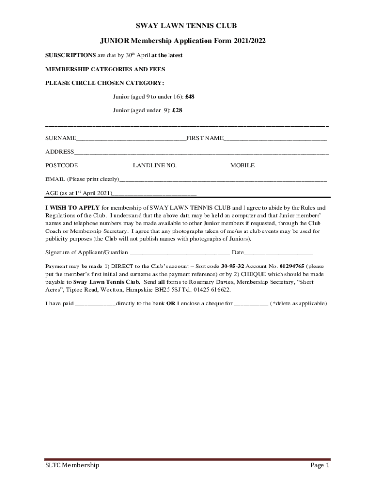 Fillable Online JUNIOR Membership Application Form 2021/2022 Fax Email ...