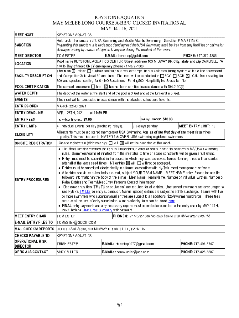 Fillable Online Keystone Aquatics : Swim MeetsKeystone Aquatics ...