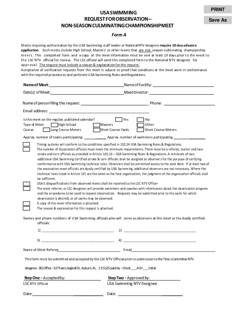 Fillable Online USA SWIMMING REQUEST FOR OBSERVATION - TeamUnify Fax Email Print - pdfFiller