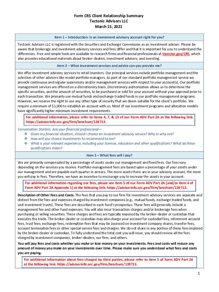 Fillable Online Form CRS (Customer Relationship Summary) As Amended March ... Fax Email Print ...