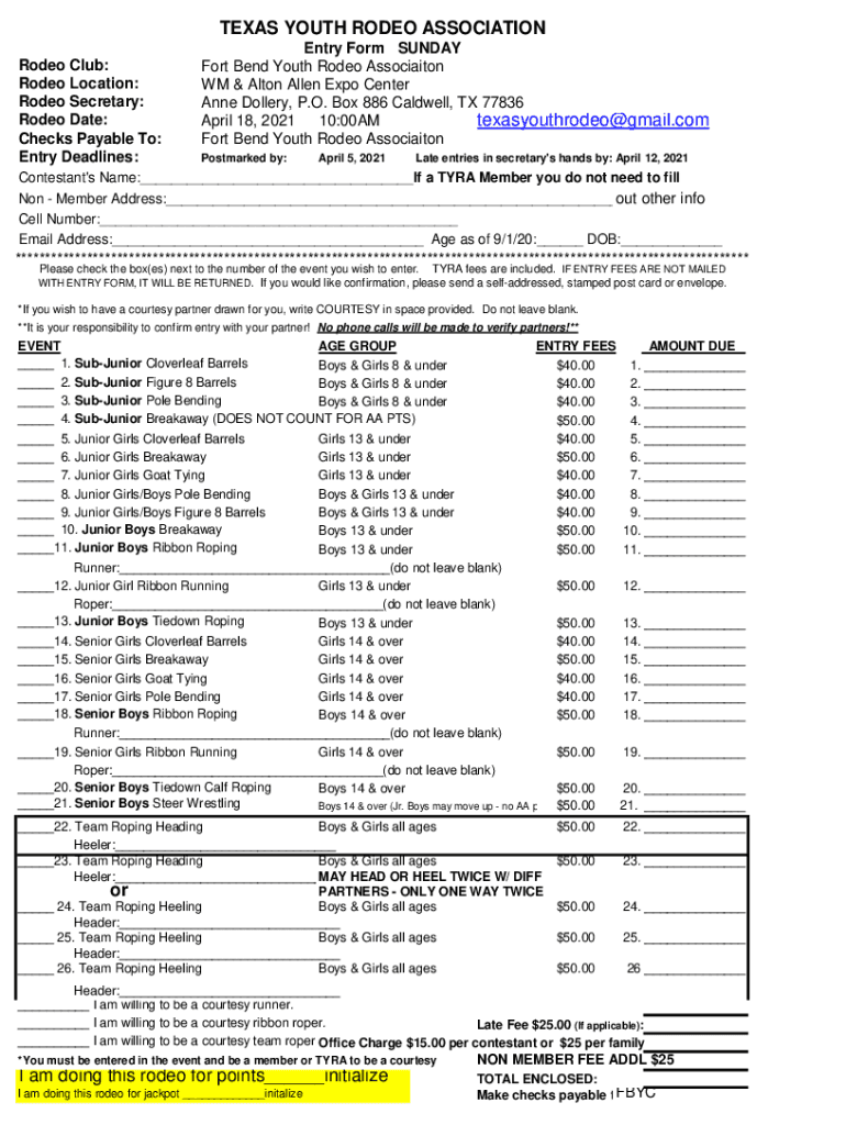 Fillable Online Sunday - Texas Youth Rodeo Association Fax Email Print ...