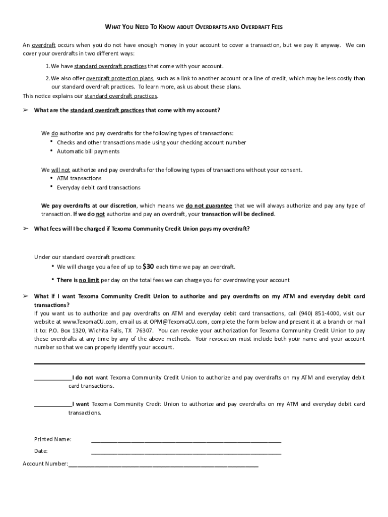 Overdraft Practices Notice - Blank Fillable Template | Fill Out, Print ...