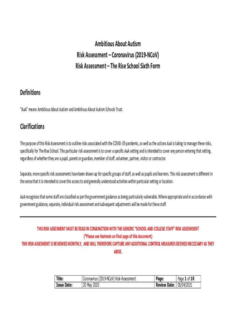 Fillable Online Ambitious About Autism Risk Assessment - The Rise ...