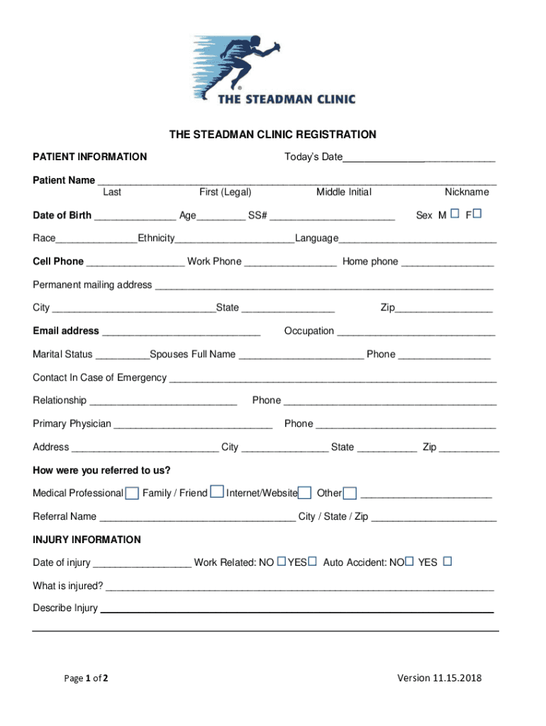 Fillable Online Registration Packet Laprade - The Steadman Clinic Fax Email Print - pdfFiller