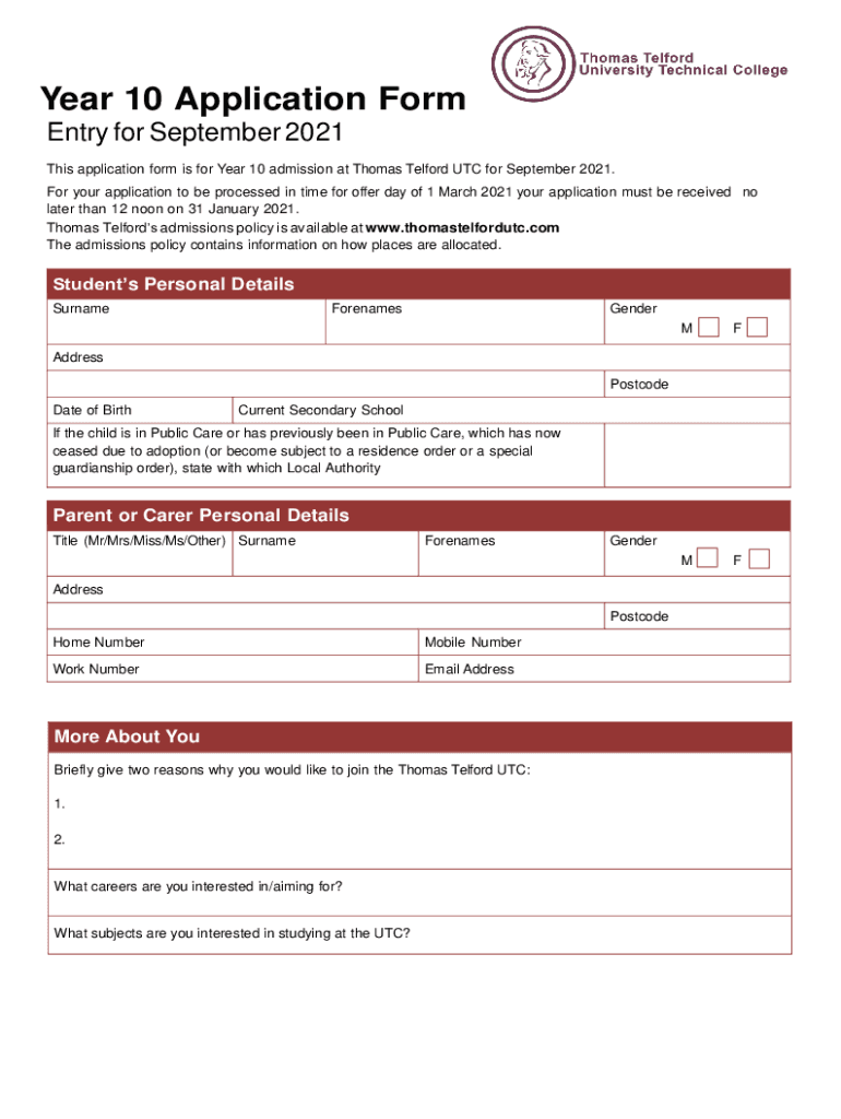 Fillable Online Year 10 and Sixth Form Information - Thomas Telford UTC ...