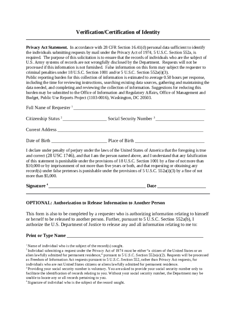 U.S. Department of Justice Certification of Identity Doc Template ...