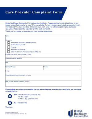 Fillable Online Care Provider Complaint Form - UnitedHealthcare ...