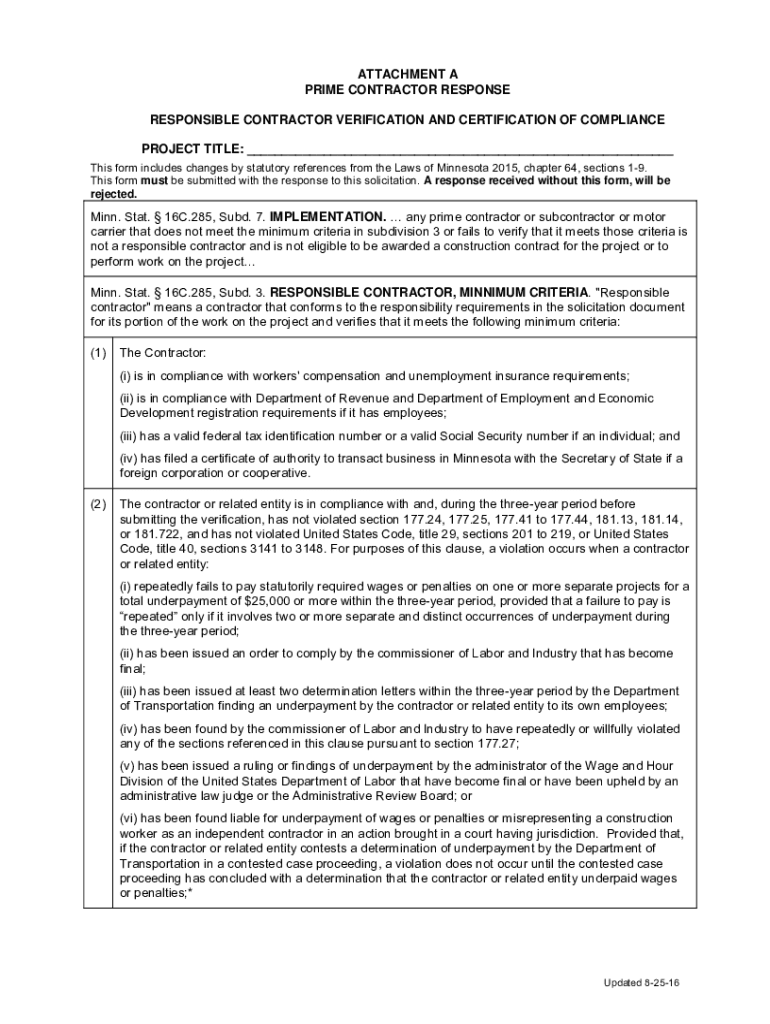 Fillable Online ATTACHMENT A PRIME CONTRACTOR RESPONSE Responsible ...