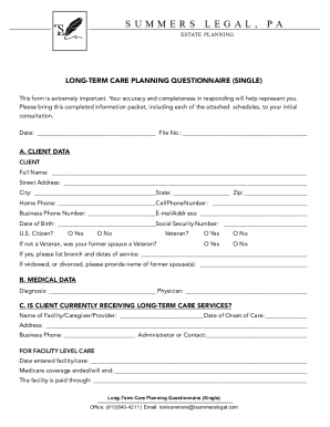 Fillable Online LONG TERM CARE PLANNING QUESTIONNAIRE (SINGLE ...