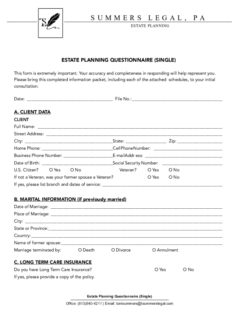 Fillable Online ESTATE PLANNING QUESTIONNAIRE (SINGLE) Fax Email Print ...