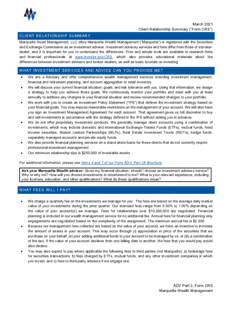 Fillable Online Form CRS (Client Relationship Summary) ADV Part III ...