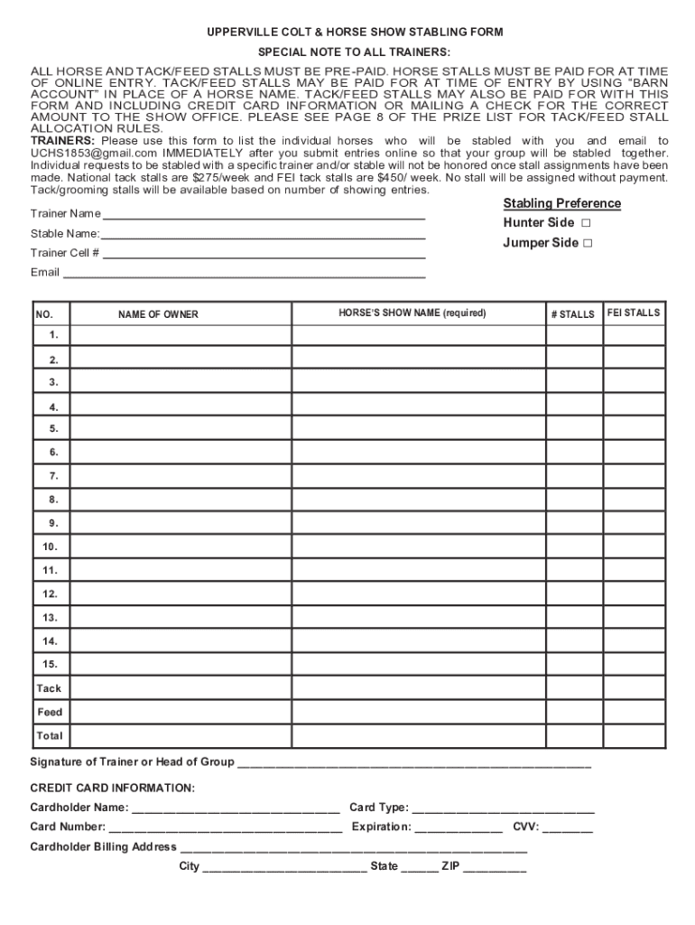 Fillable Online Stabling Preference Hunter Side Jumper Side ...