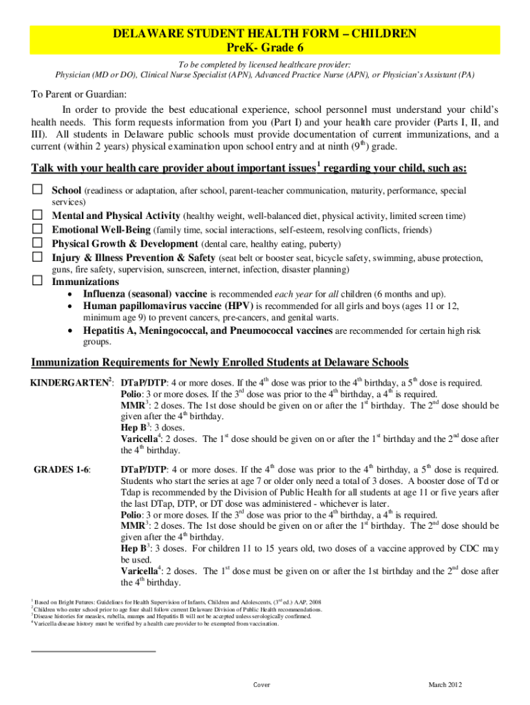 Fillable Online Fillable Online DELAWARE STUDENT HEALTH FORM CHILDREN ...