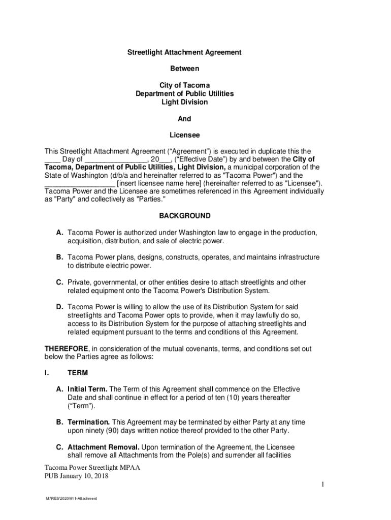 Fillable Online Streetlight Attachment Agreement Between City of Tacoma ...