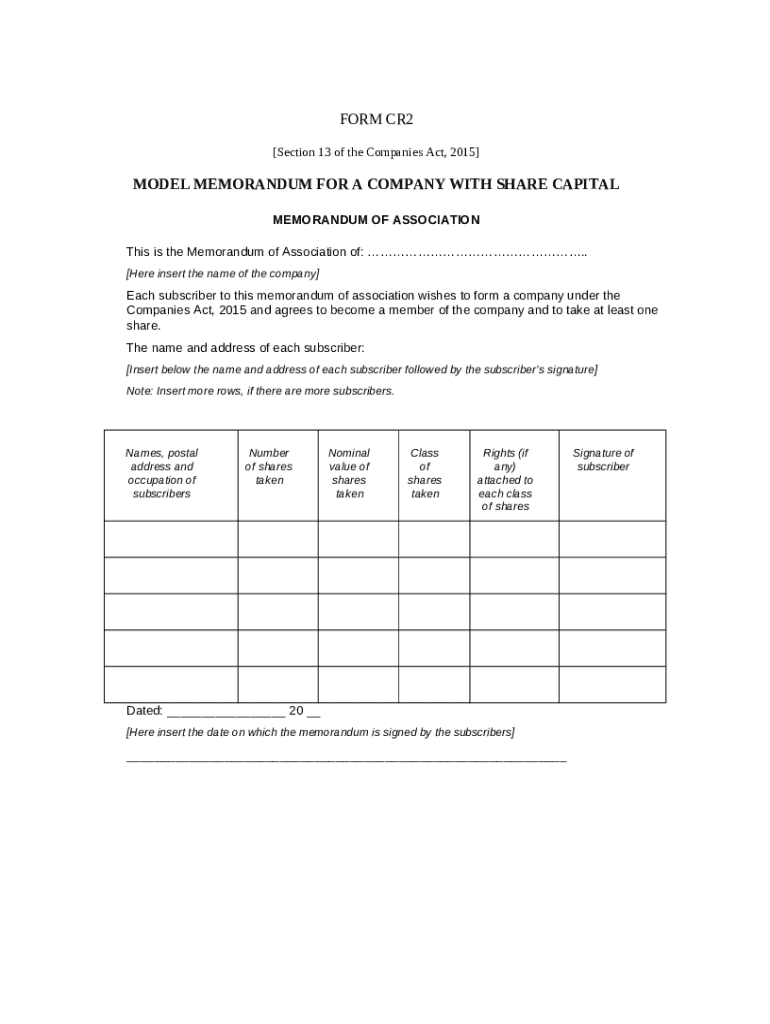 CR2 MODEL MEMORANDUM FOR A COMPANY WITH SHARE CAPITAL Doc Template ...