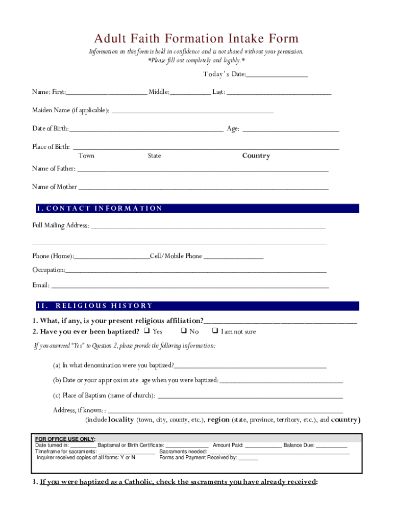 Fillable Online Adult Faith Formation Intake Form Fax Email Print ...