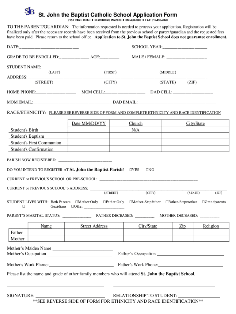 Fillable Online John the Baptist Catholic School Application Form Fax ...