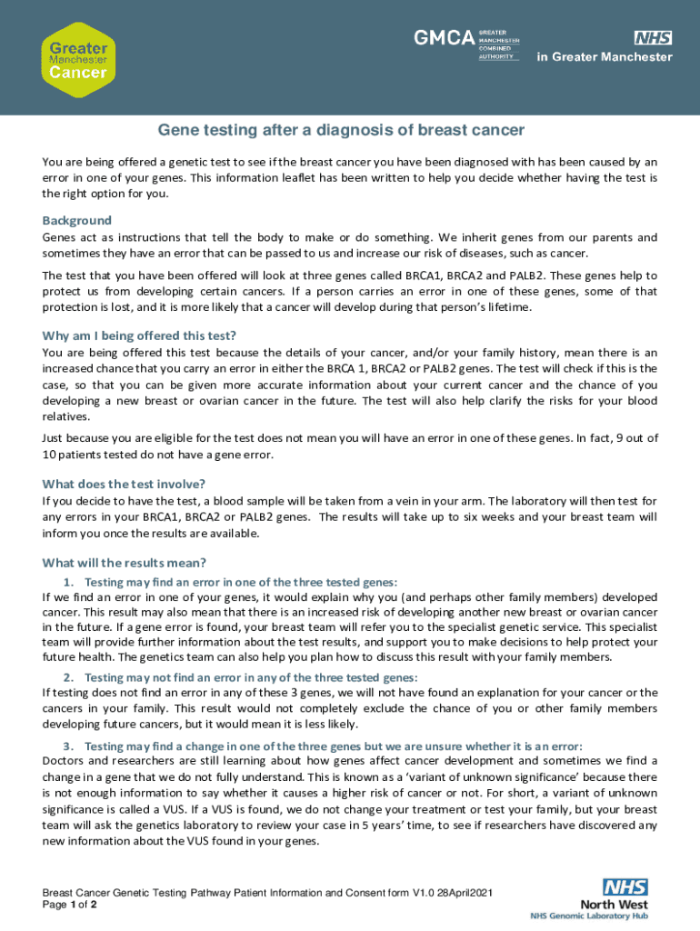 Fillable Online Genetic testing: Breast cancer in familiesBreast Cancer ...
