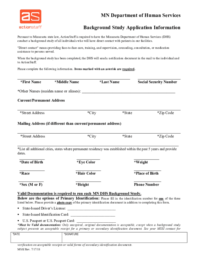 Fillable Online MN Department of Human Services Background Study ...