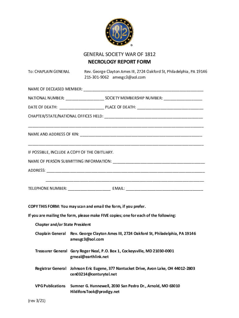Fillable Online GENERAL SOCIETY WAR OF 1812 NECROLOGY REPORT FORM Fax ...