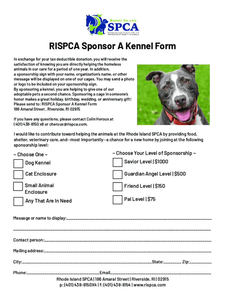 Fillable Online RISPCA Sponsor A Kennel Form Fax Email Print - pdfFiller