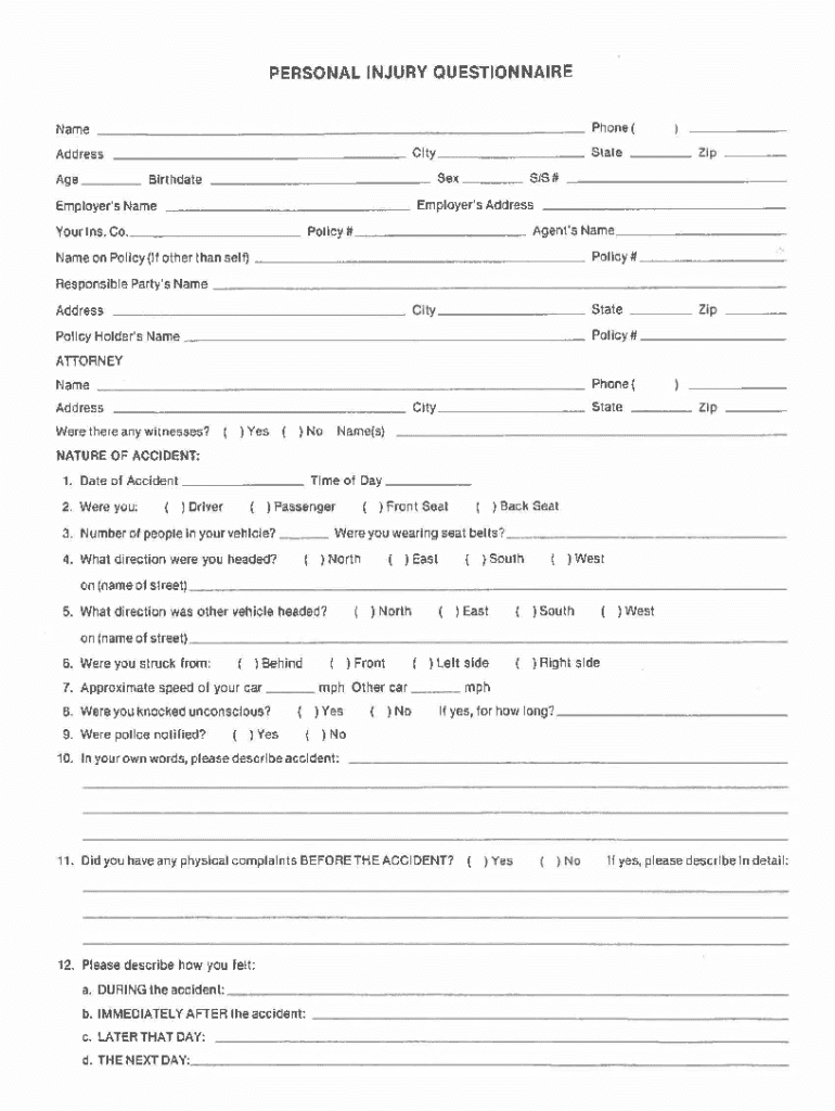 Fillable Online PERSONAL INJURY QUESTIONNAIRE - Sandy Plains Chiro Fax ...