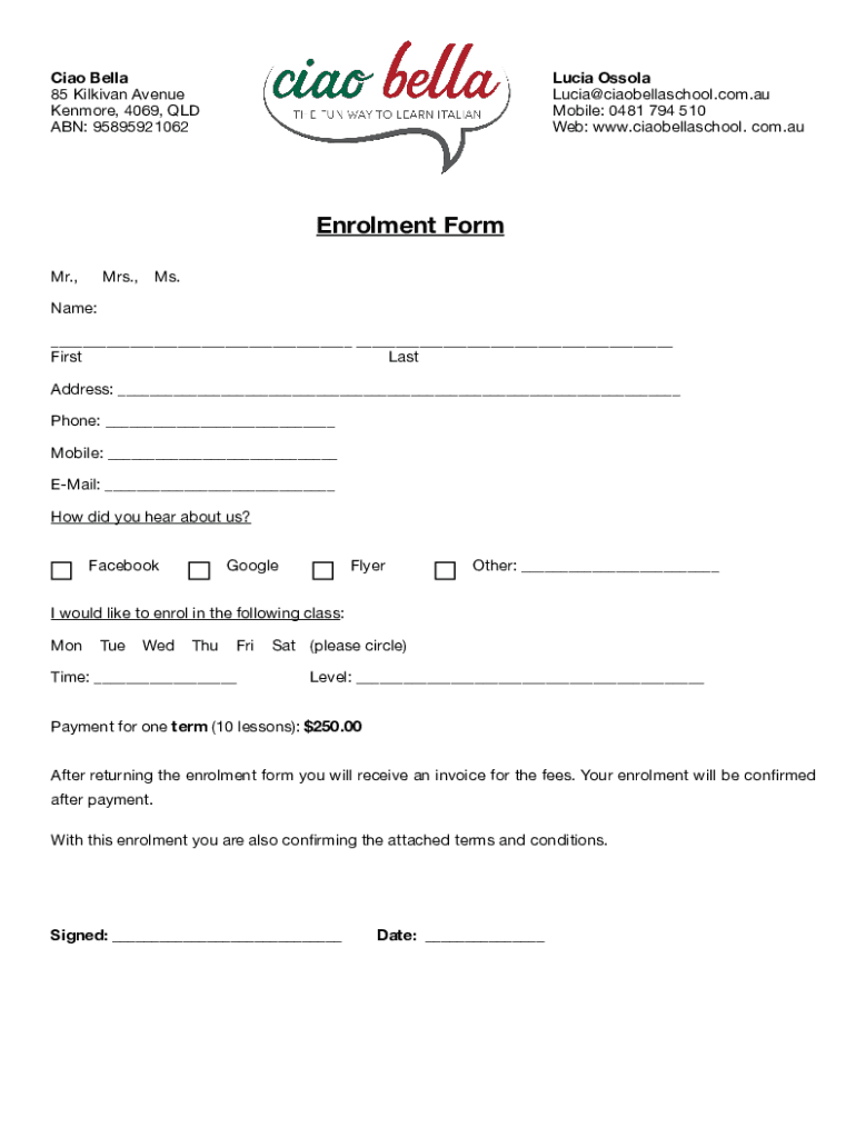 Fillable Online Enrolment Form word 2021 Fax Email Print - pdfFiller