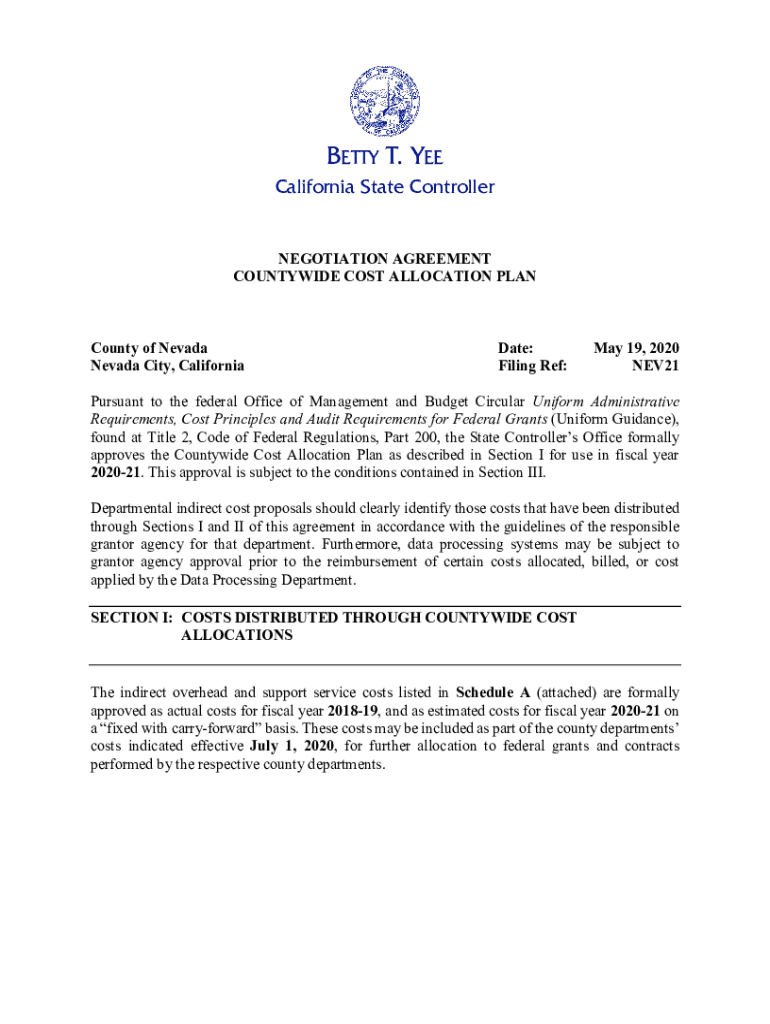 Fillable Online sco ca NEGOTIATION AGREEMENT COUNTYWIDE COST ALLOCATION ...