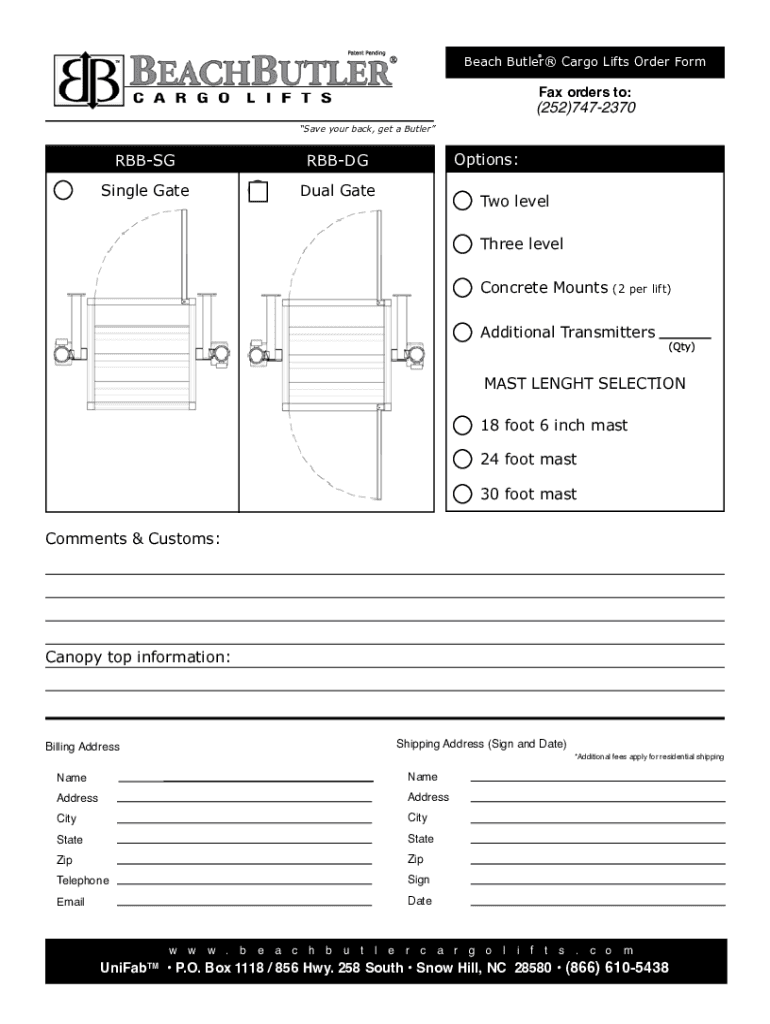 Fillable Online Beach Butler Cargo Lifts Order Form Fax Email Print ...
