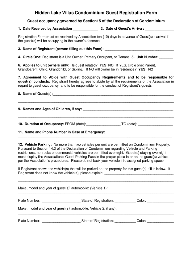 Fillable Online Hidden Lake Villas Condominium Guest Registration Form ...