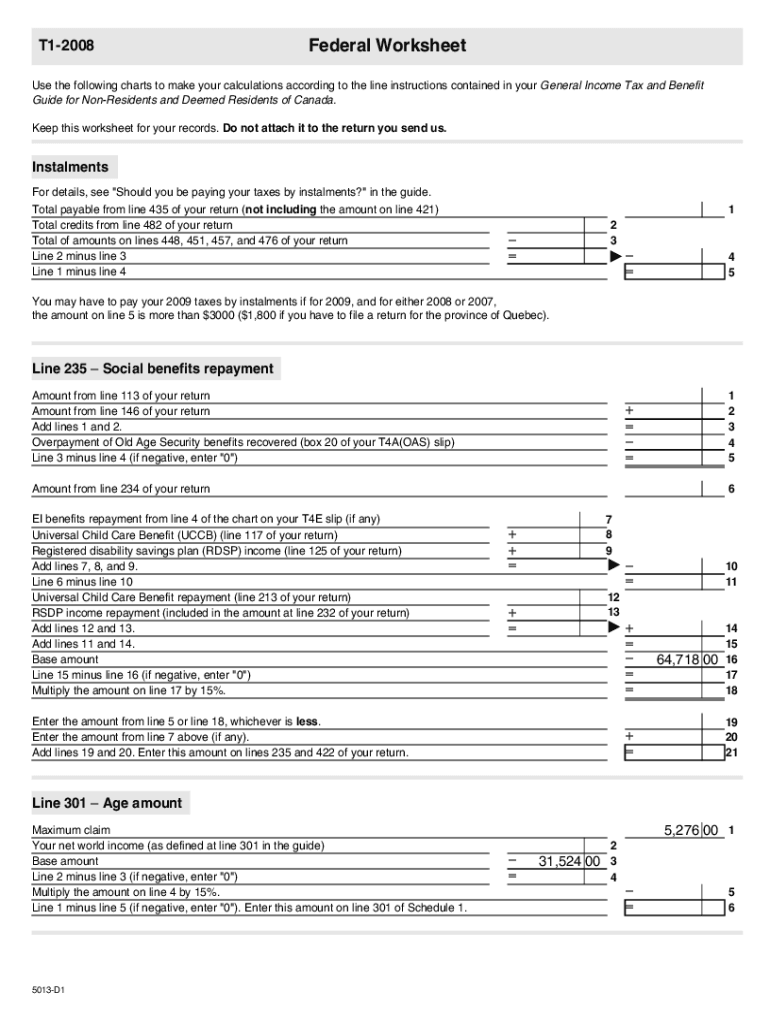 T1-2008 Federal Worksheet - Blank Fillable Template | Fill Out, Print ...