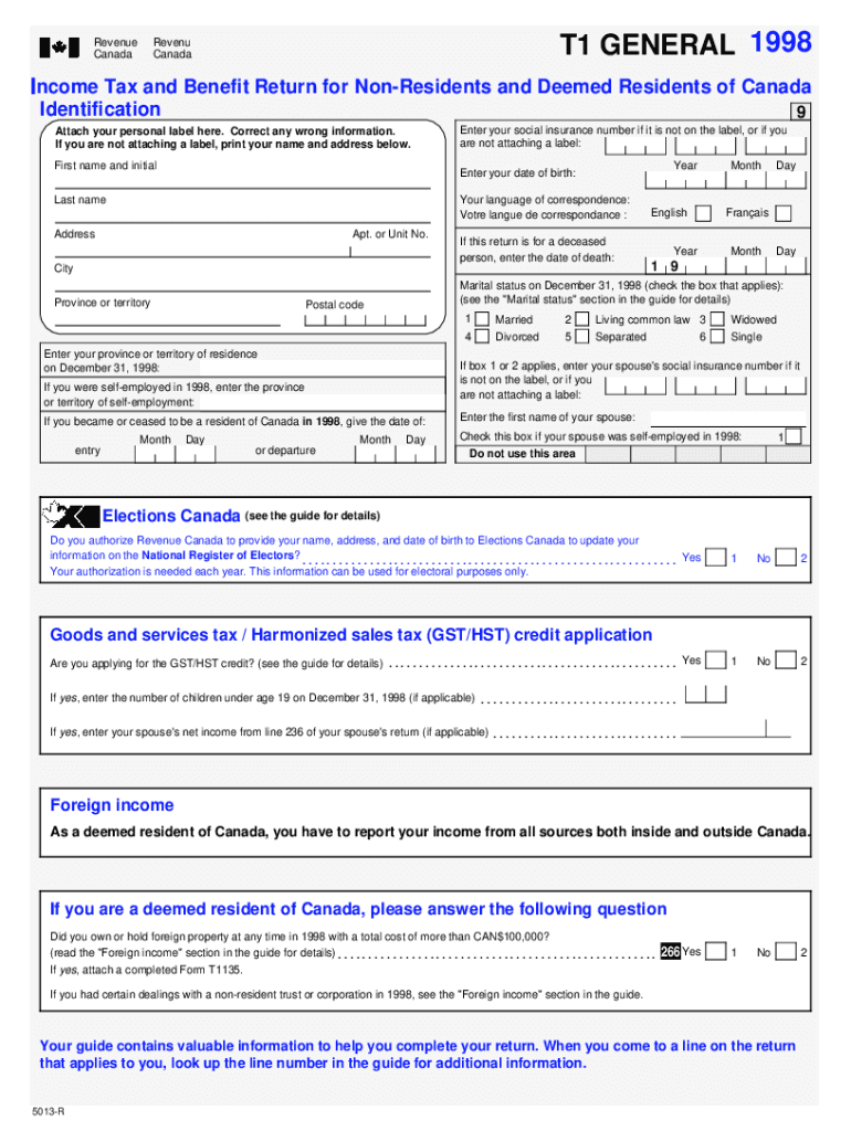 Fillable Online 5013-R T1 General 1998 - Income Tax Benefit Return for ...