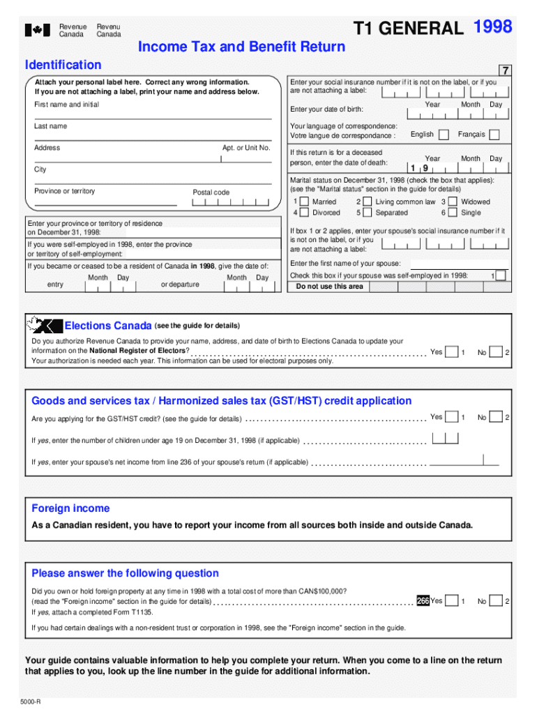 Fillable Online 5000-R T1 General 1998 - Income Tax and Benefit Return ...