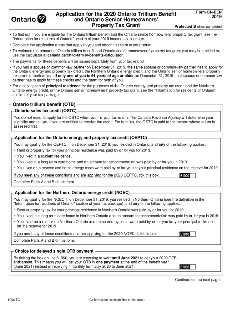 Fillable Online 5006-TG ON-BEN Application for the 2020 Ontario Trillium Benefit and Ontario ...