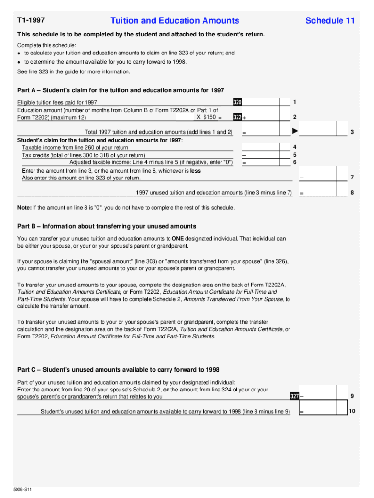 Fillable Online 5006-S11 Schedule 11 - T1 General 1997 - Tuition and ...