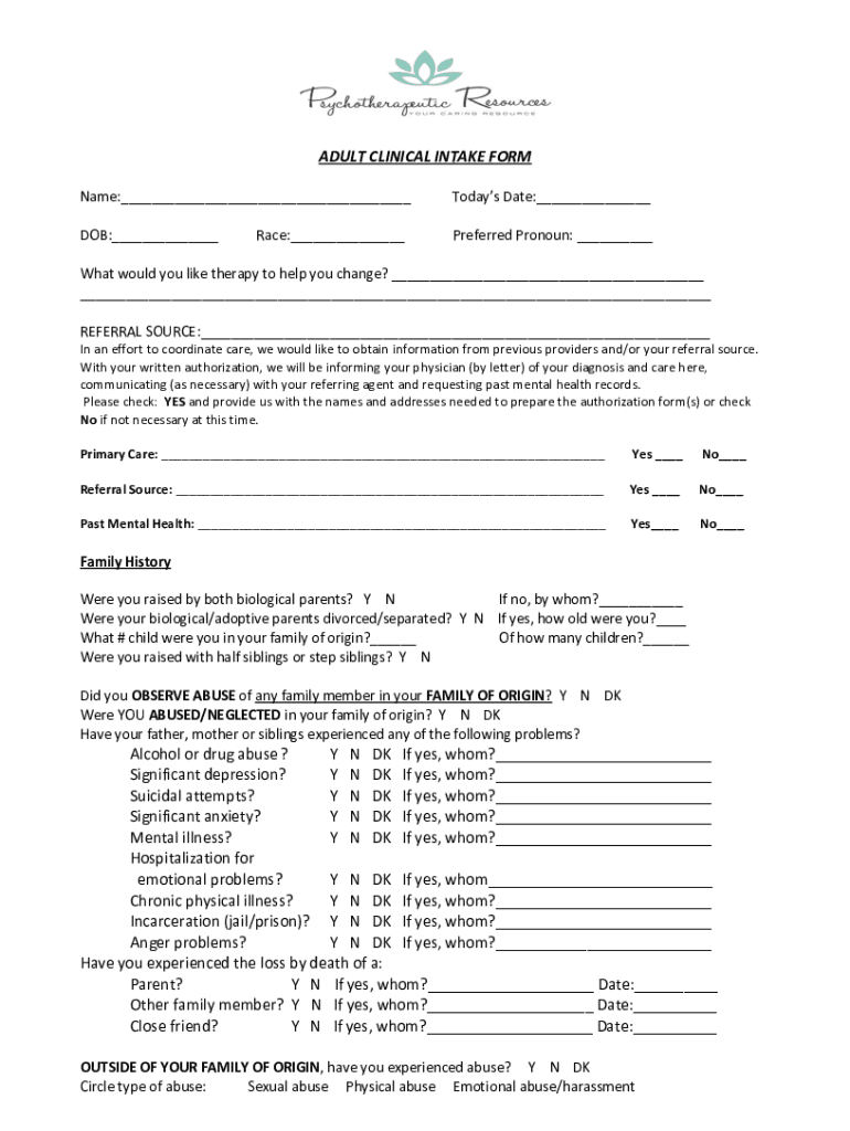 Fillable Online ADULT CLINICAL INTAKE FORM Fax Email Print - pdfFiller